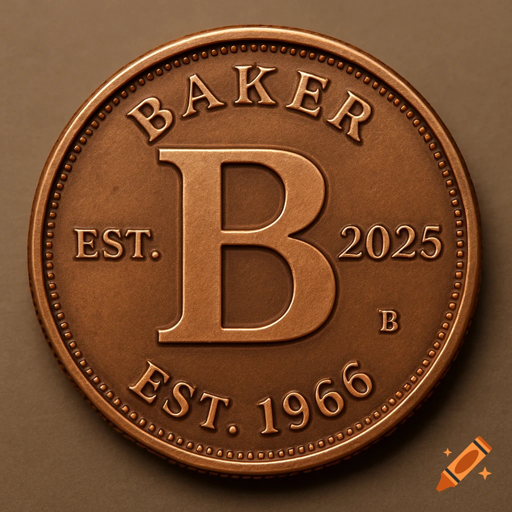 A close-up, top-down view of a copper coin with the word "BAKER" at the top, "EST. 1966" at the ...