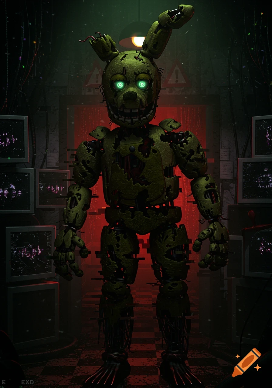 Cartoon Springtrap, a decaying green animatronic rabbit with red eyes ...