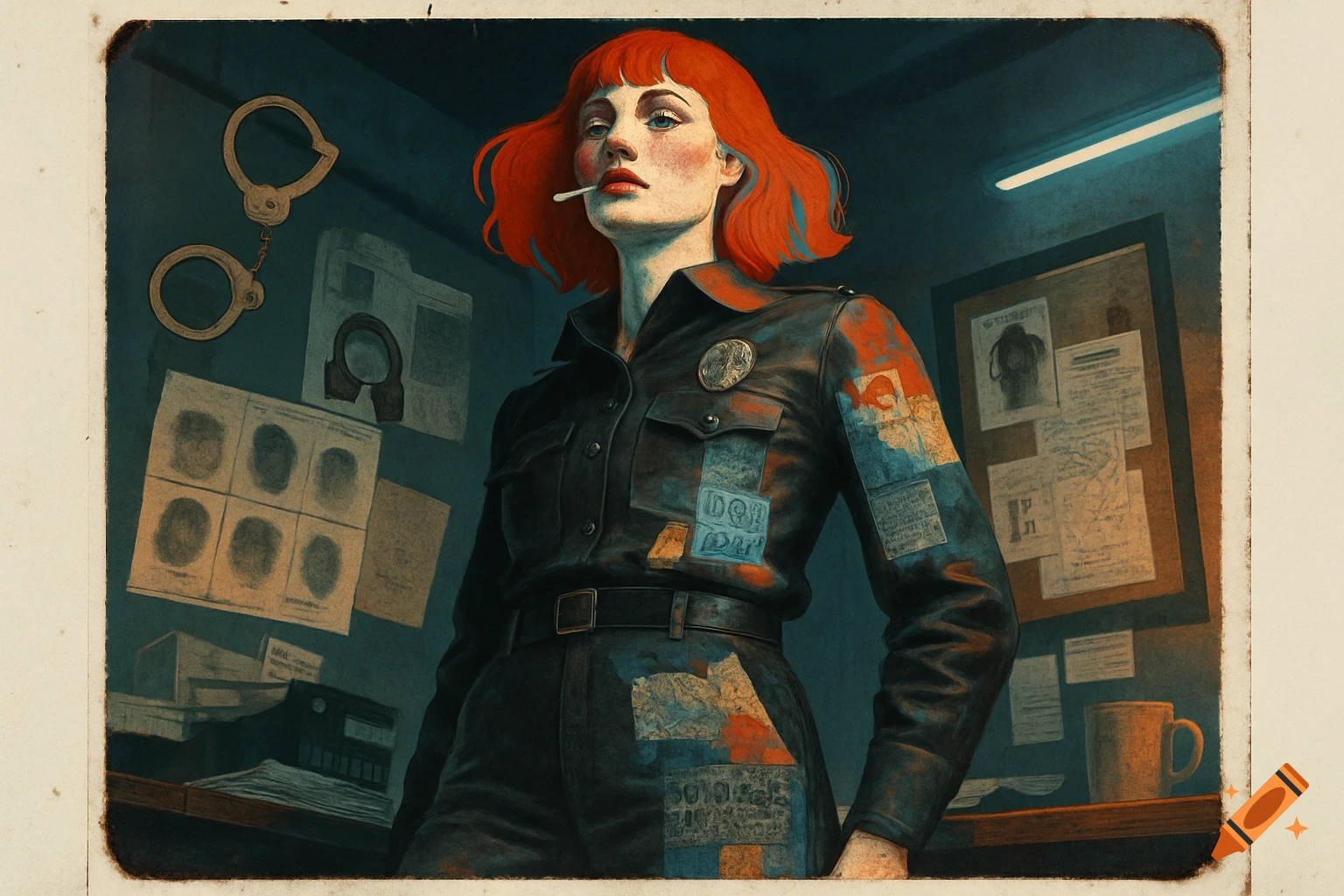 A red-haired woman in a striped prison uniform stands in a dark cell ...