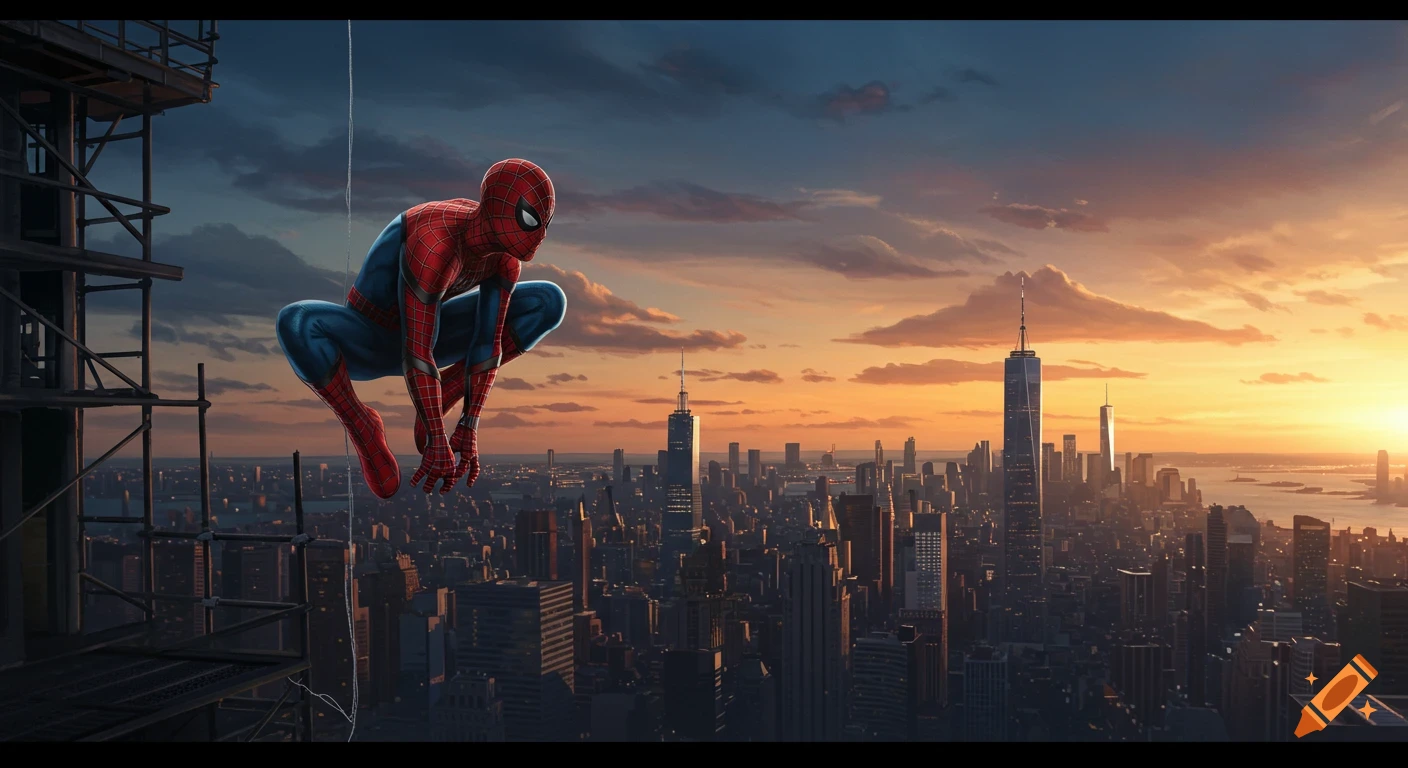 A Roblox-style Spider-Man character is framed by a window, overlooking ...