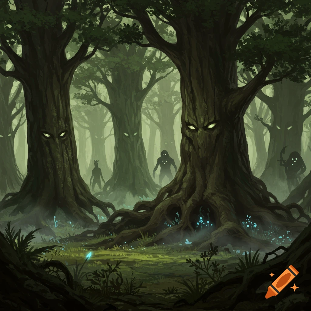 A dark, misty oil painting of a fantasy forest with glowing blue ...