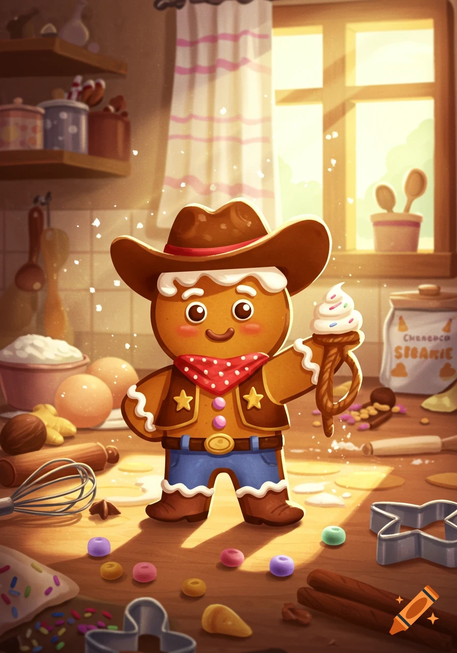 A cute cartoon gingerbread elf with green eyes and a red Santa hat ...