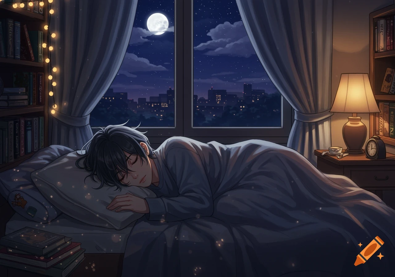 Anime illustration of a person sleeping on a futon in a sunlit, cozy ...