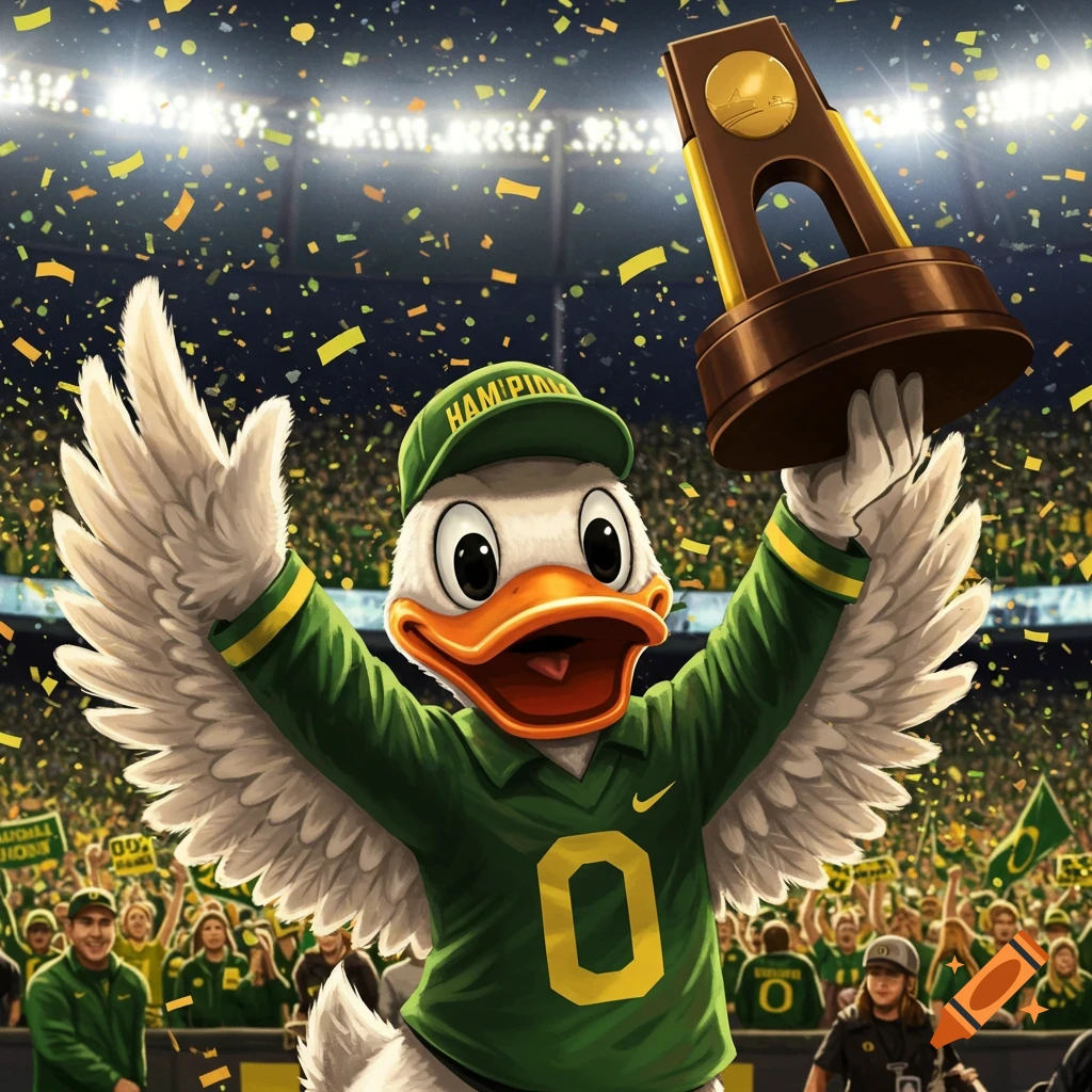 The Oregon Duck mascot celebrates in a stadium, holding a national ...