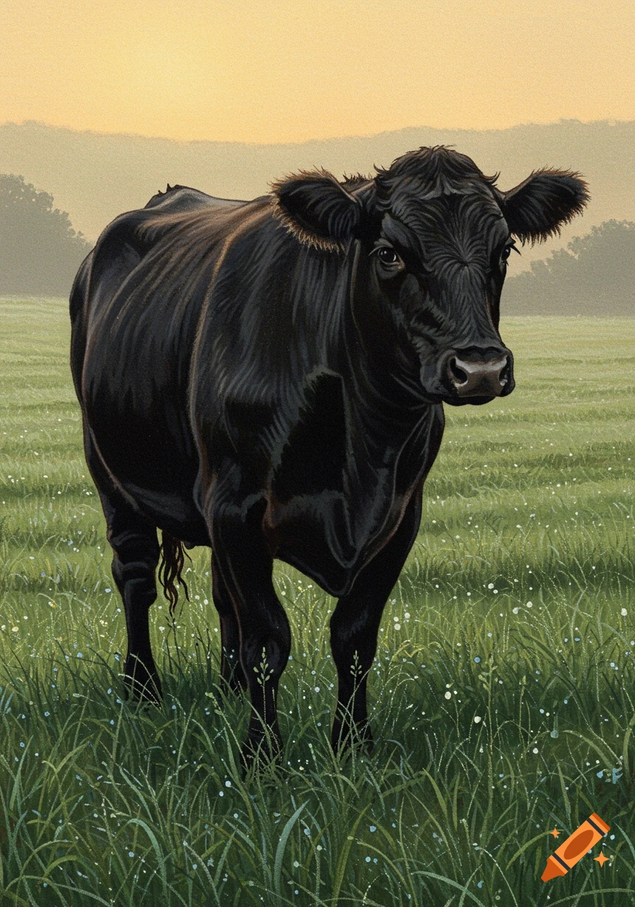 An illustration of a black Angus cow standing in a green grassy field ...
