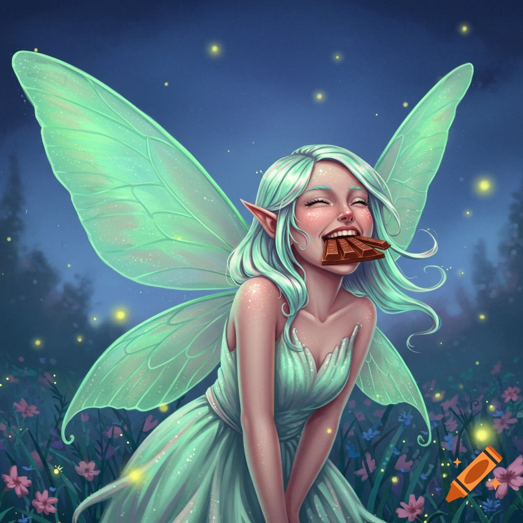 A smiling tooth fairy with long brown hair and blue wings floats in a ...
