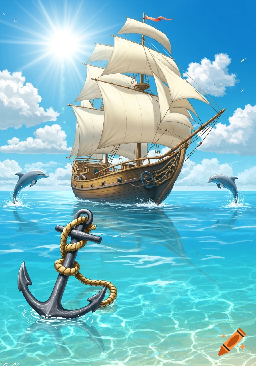 Four cartoon children in a wooden boat on a stage with cardboard waves ...