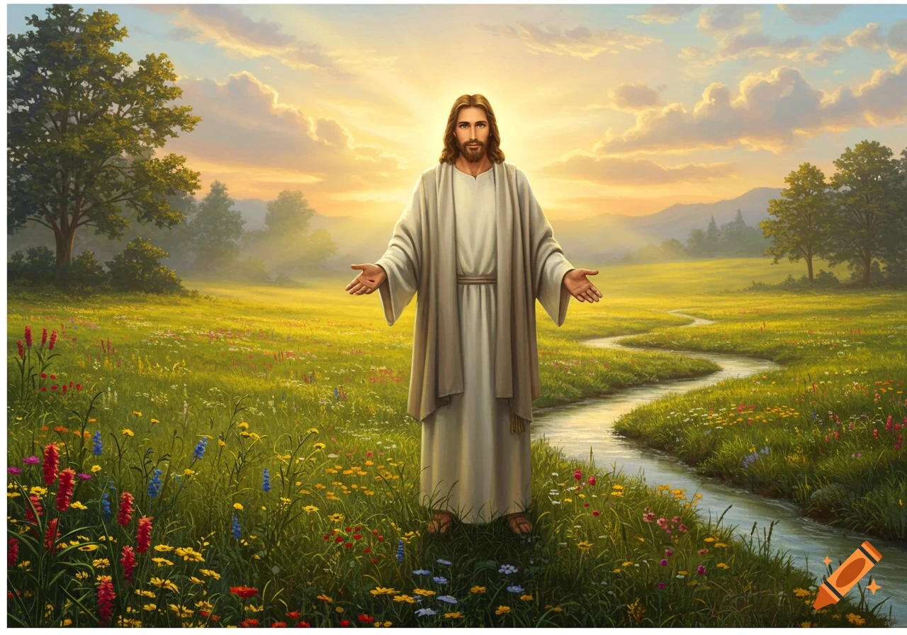 An illustration of Jesus Christ with open arms in a vibrant green field ...