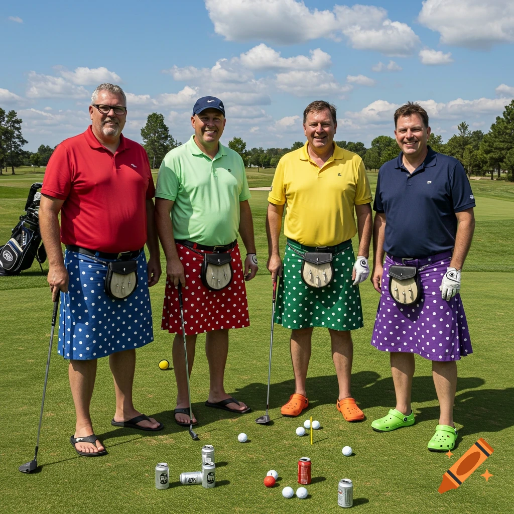 Four men in colorful polka dot kilts, polo shirts, and varying footwear ...