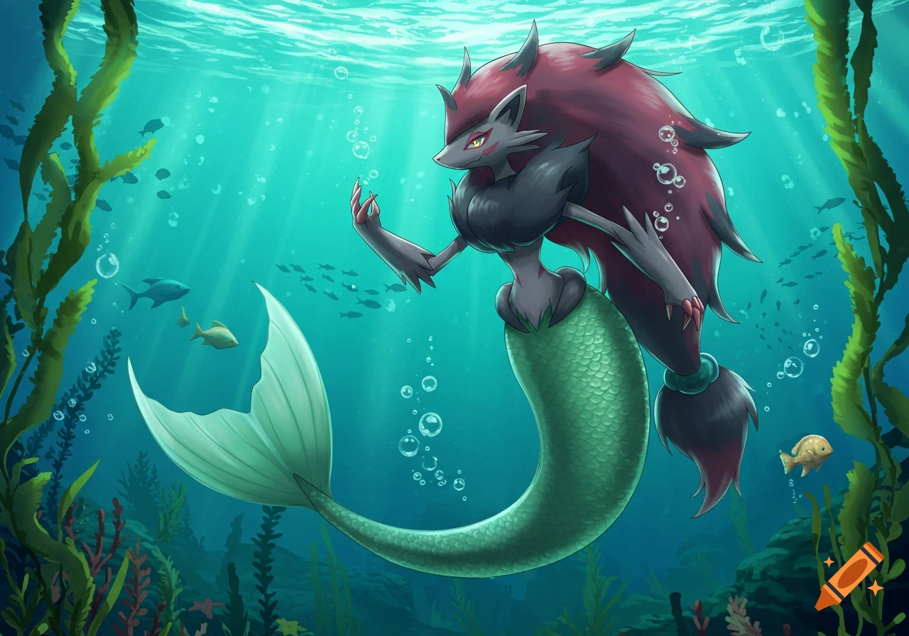 An anime-style illustration of a Zoroark Pokemon as a mermaid, with a ...
