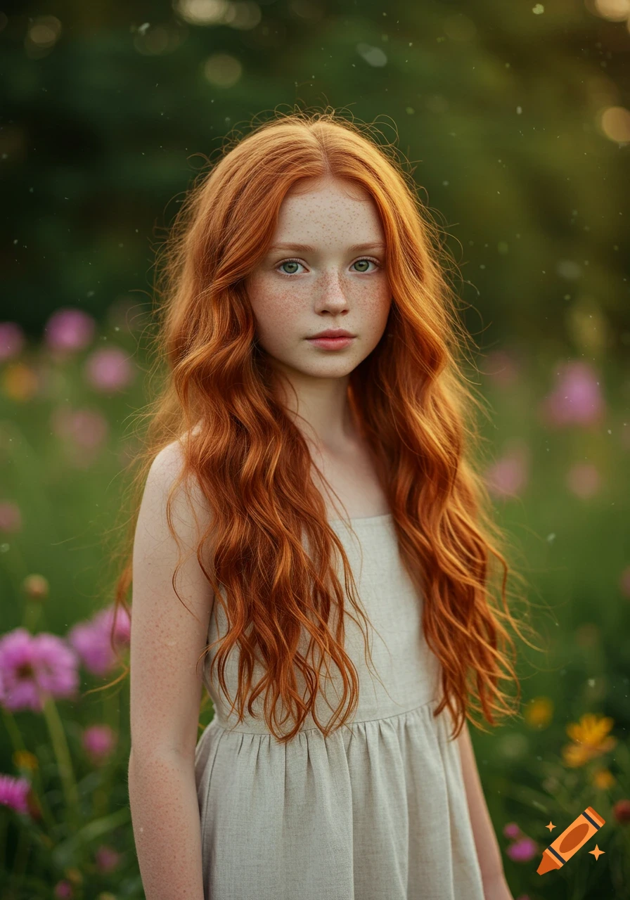 Photorealistic portrait of a young girl with long wavy red hair and freckles, wearing a light ...