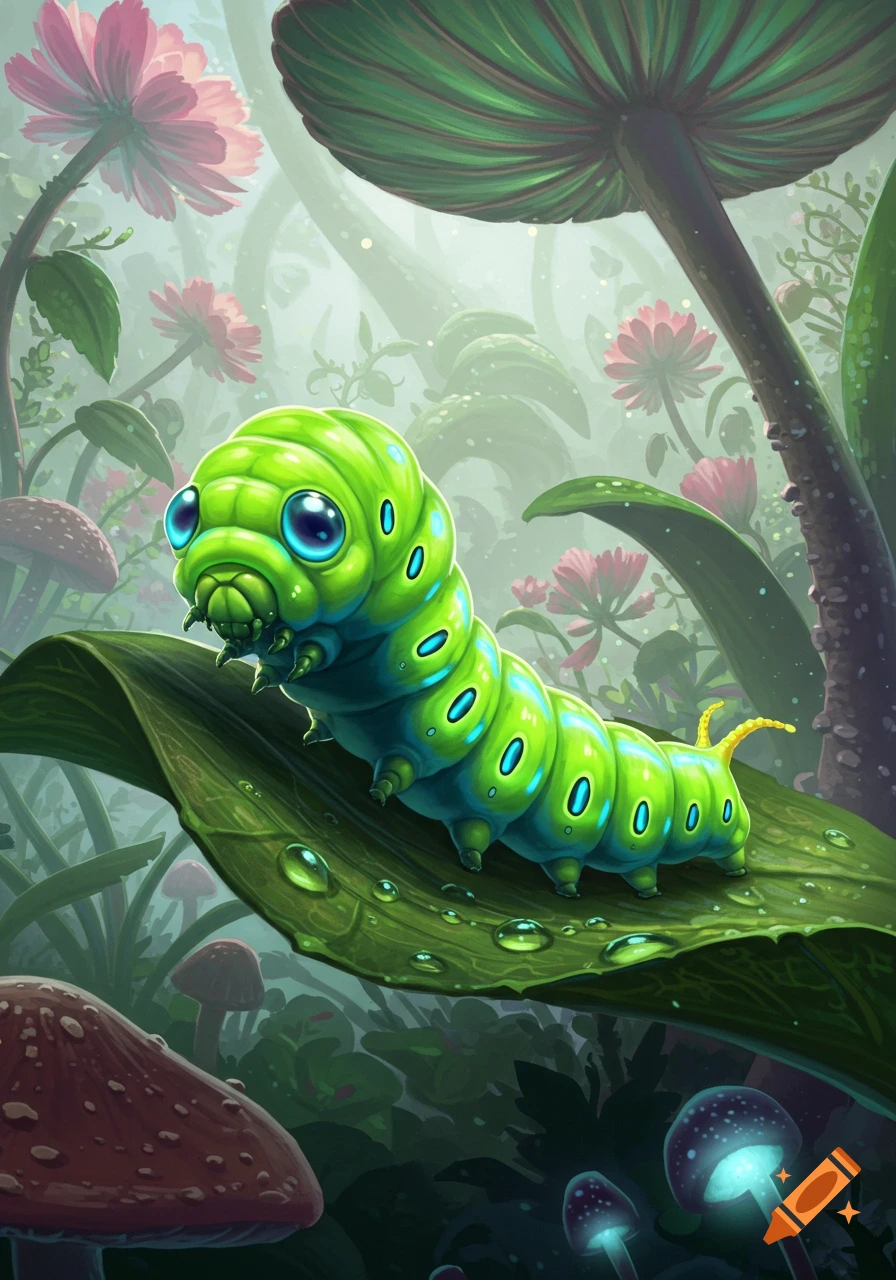 A cute, vibrant green cartoon slug with big eyes and musical notes in a ...