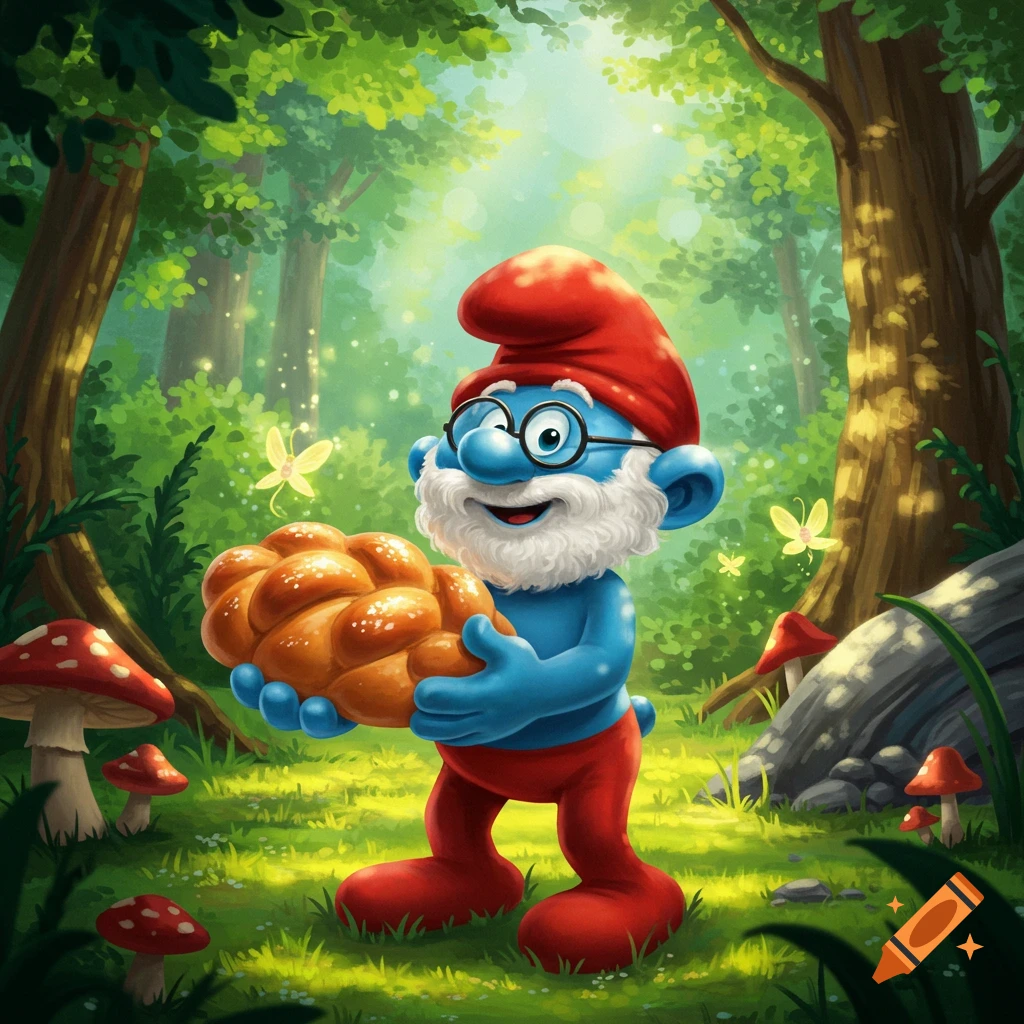A blue Smurf character with a white hat and pants stands in a magical forest with glowing ...
