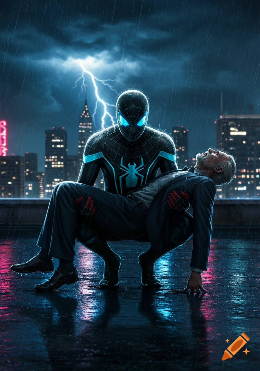 Batman crouches on a building ledge facing Spider-Man who leaps through ...