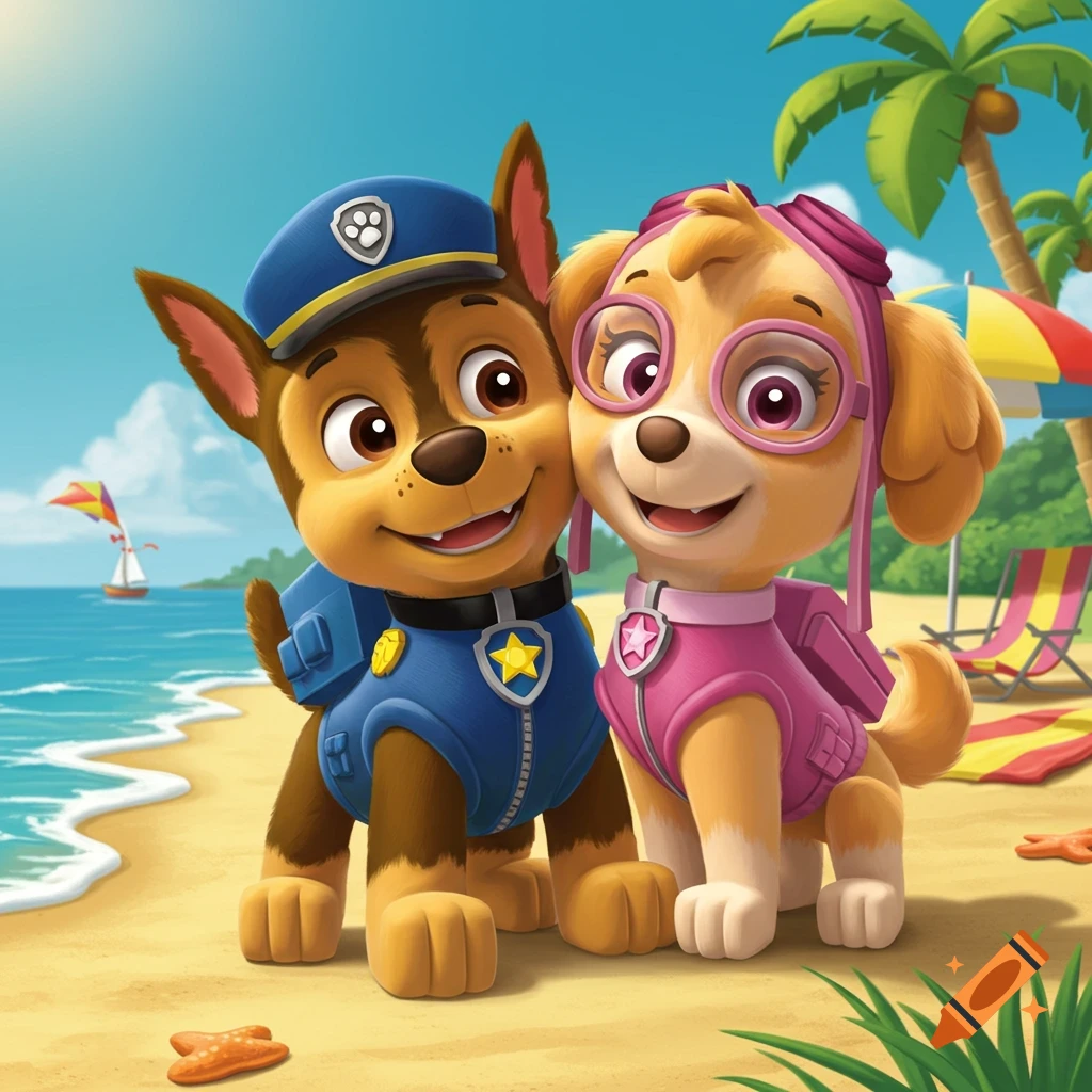 Paw Patrol puppies Chase, Rubble in a digger, and Skye flying a ...