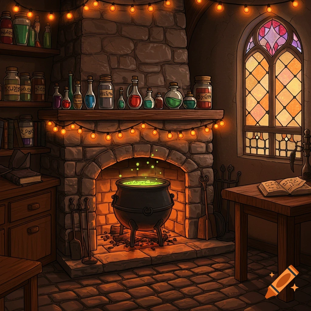 A detailed D&D art style illustration of an underground workshop with a ...