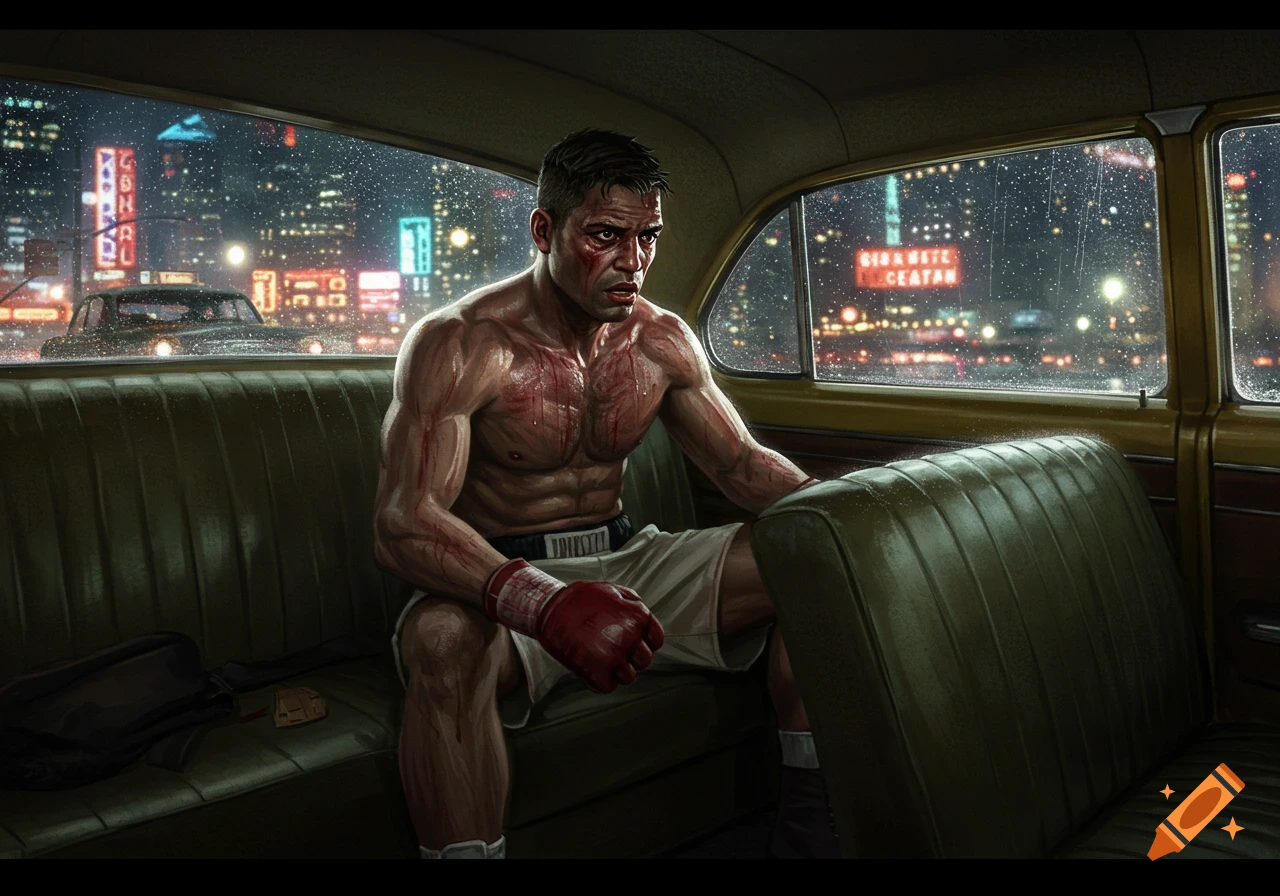 A bruised boxer in white shorts and red gloves sits in the back of a ...
