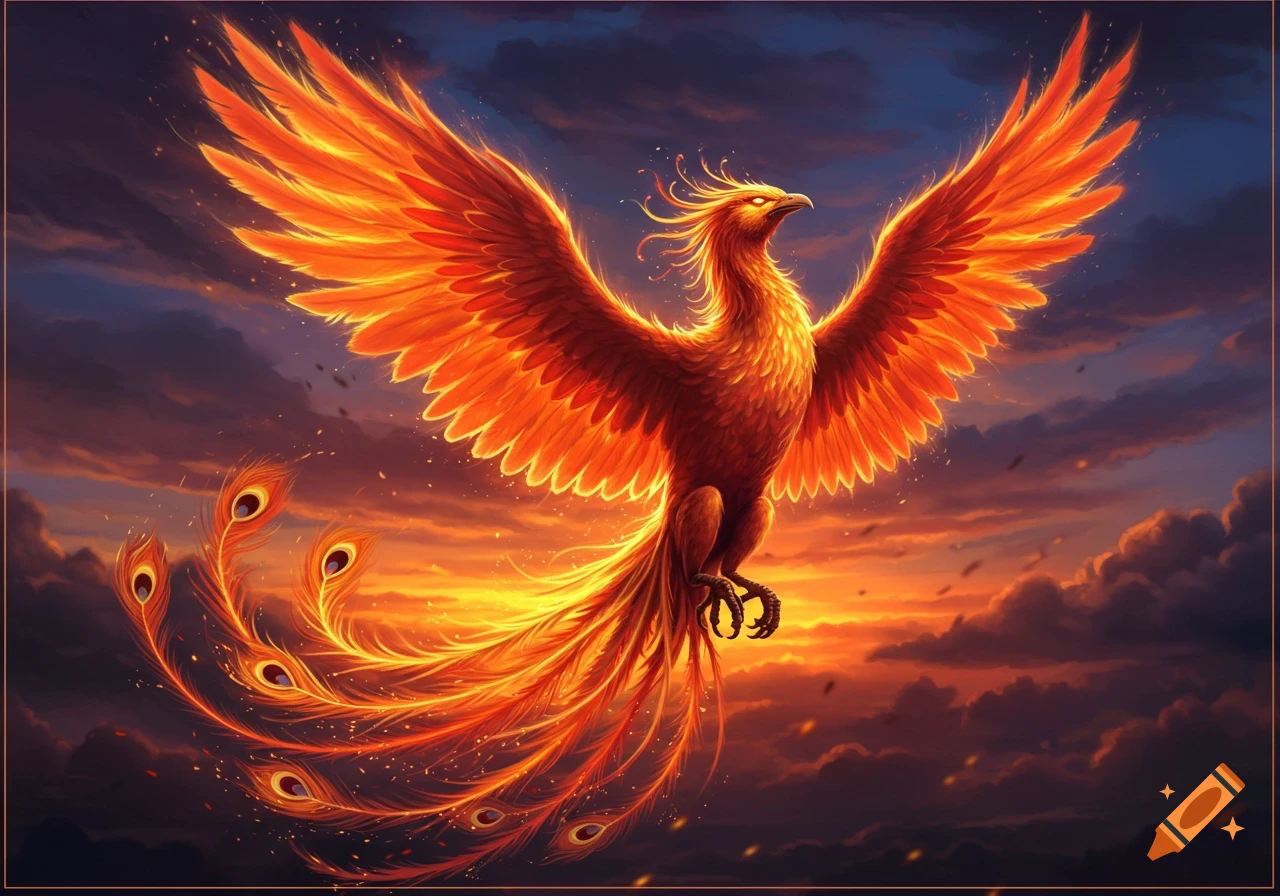 A vibrant phoenix with fiery red, orange, and blue feathers soars ...