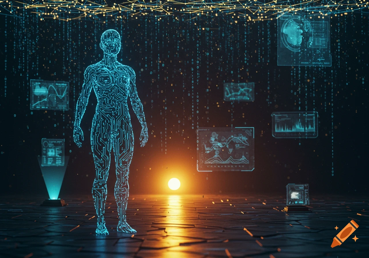 A glowing blue humanoid figure made of circuit boards stands in a dark ...