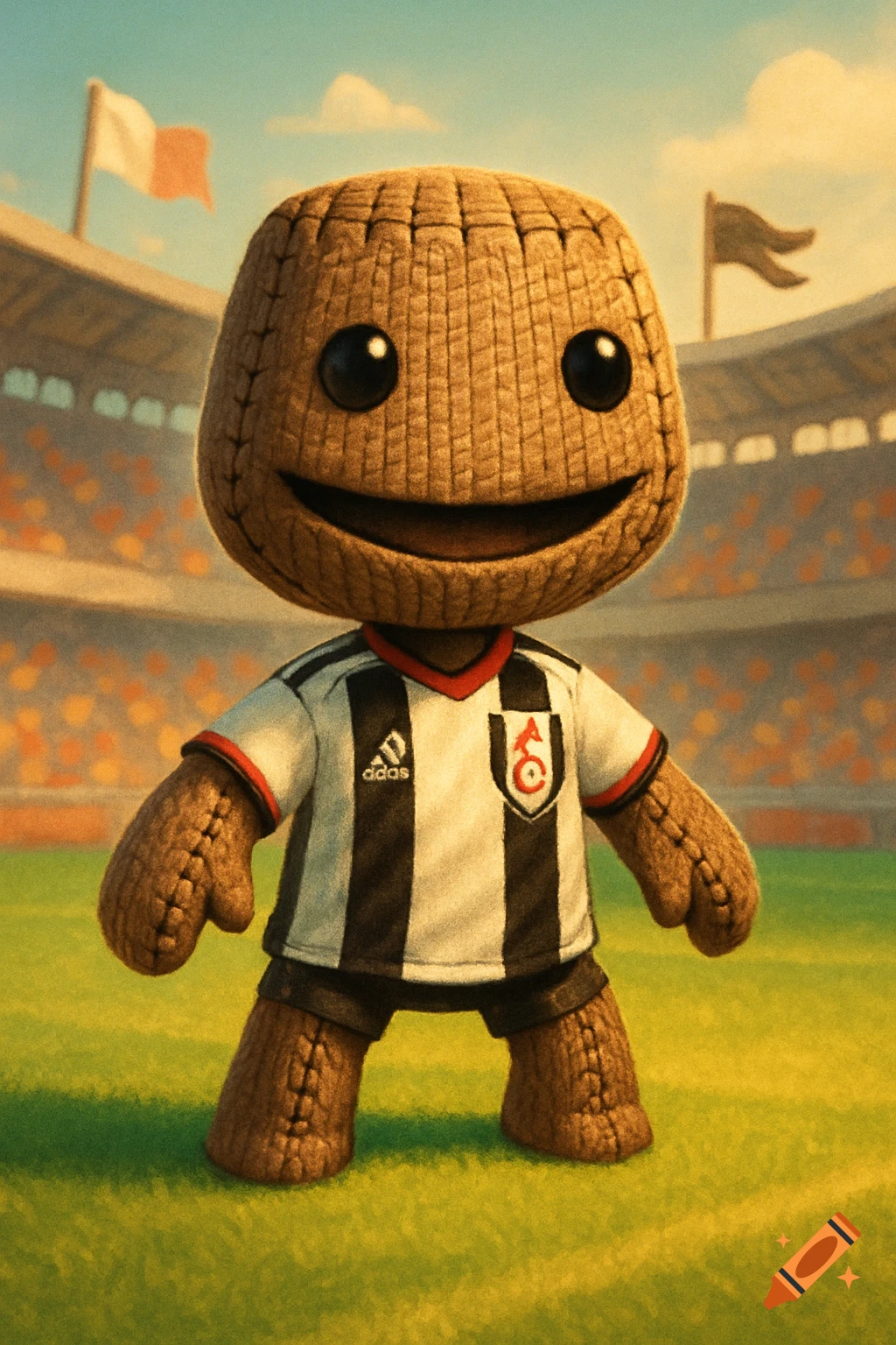 A brown Sackboy character in a Fulham FC football kit stands on a green ...
