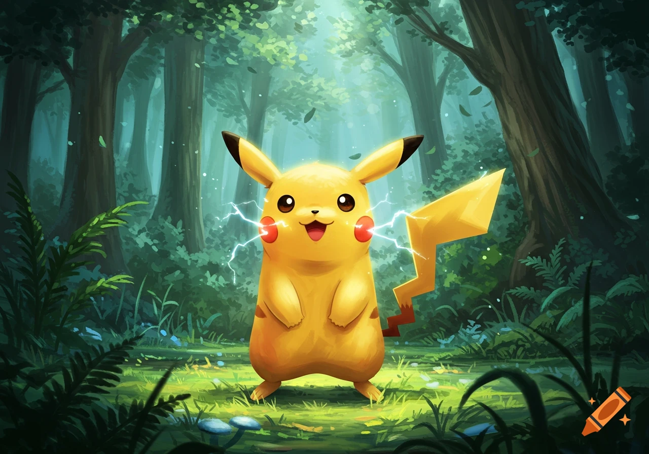 A happy Pikachu stands in a glowing, dark forest with electric sparks ...