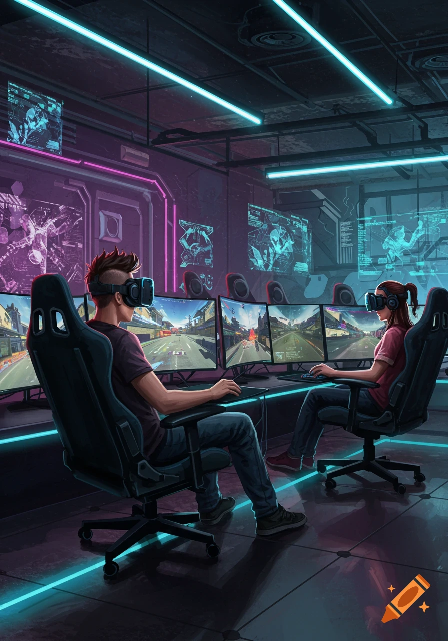 Two people wearing VR headsets play racing video games on multiple ...