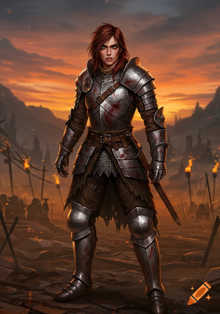 A female knight in black plate armor and white tabard stands on a ...