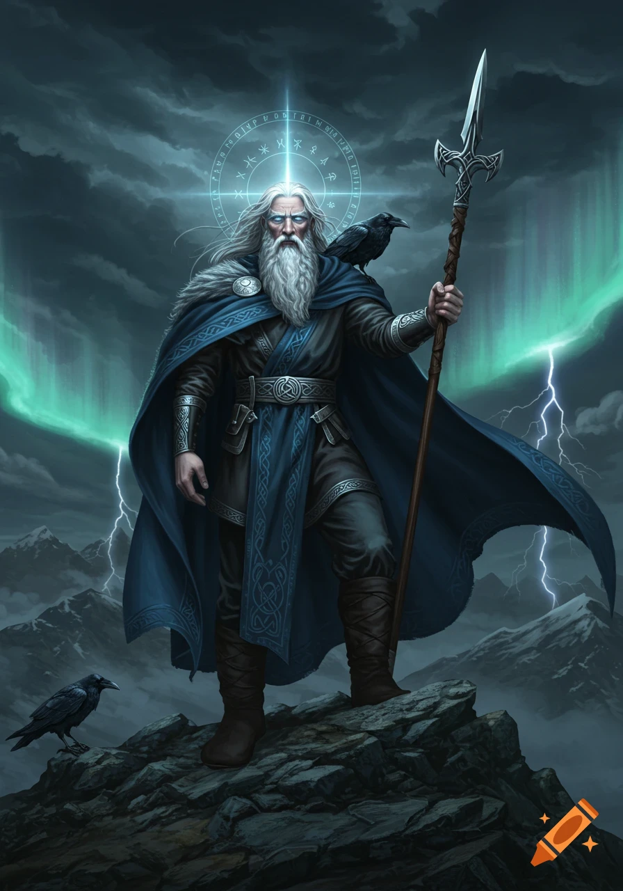 A white-bearded wizard in a blue, star-patterned robe stands in a misty ...