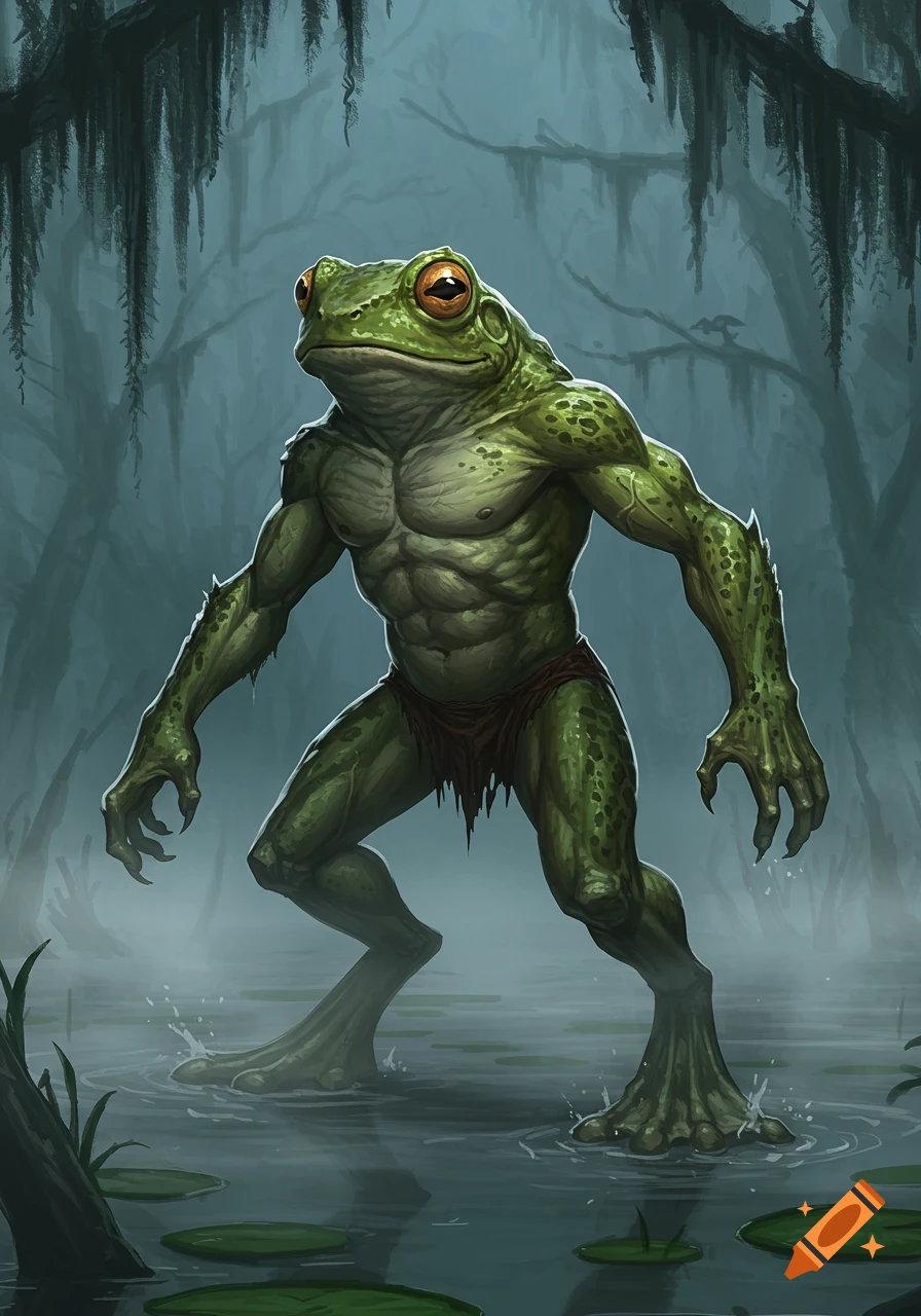 A muscular, bipedal frog creature with orange eyes stands in a dark swamp, detailed fantasy art ...