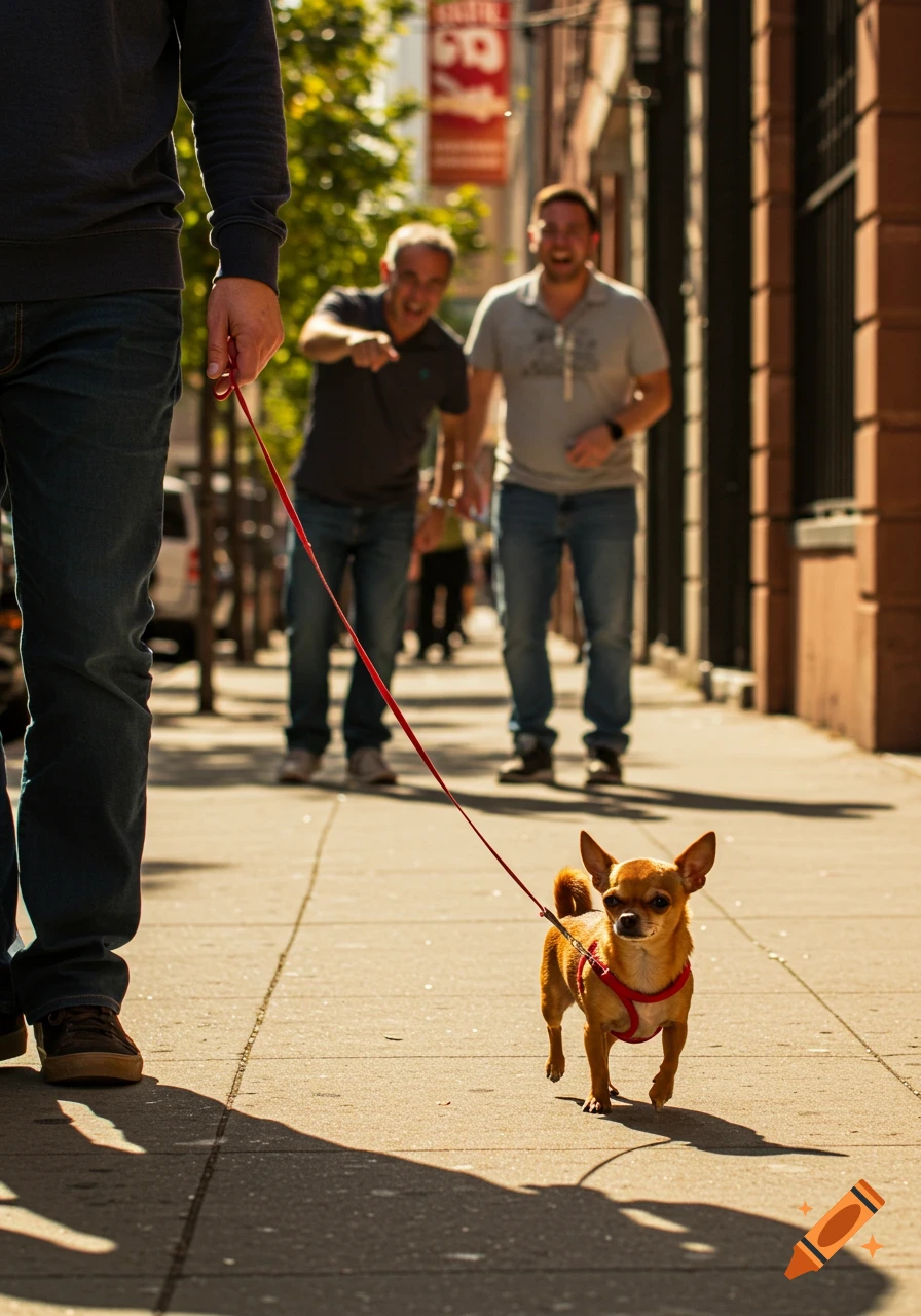 A man walks a small chihuahua on a red leash down a sunny city sidewalk ...