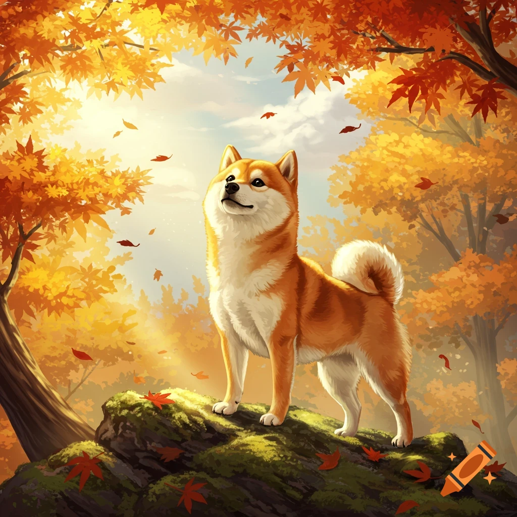 A Shiba Inu stands on a mossy rock in a vibrant autumn forest with ...