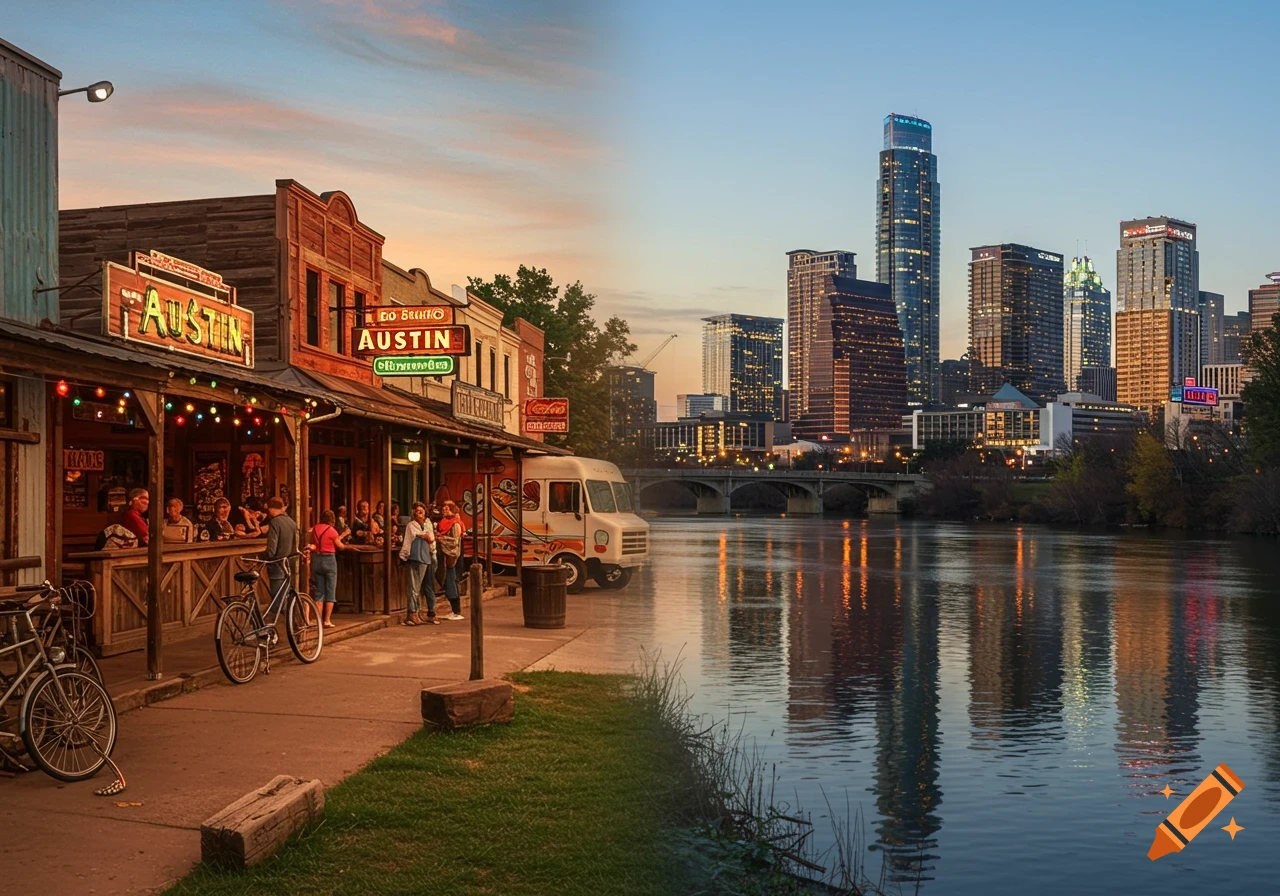 Split image showing a nostalgic street scene with wooden buildings and ...
