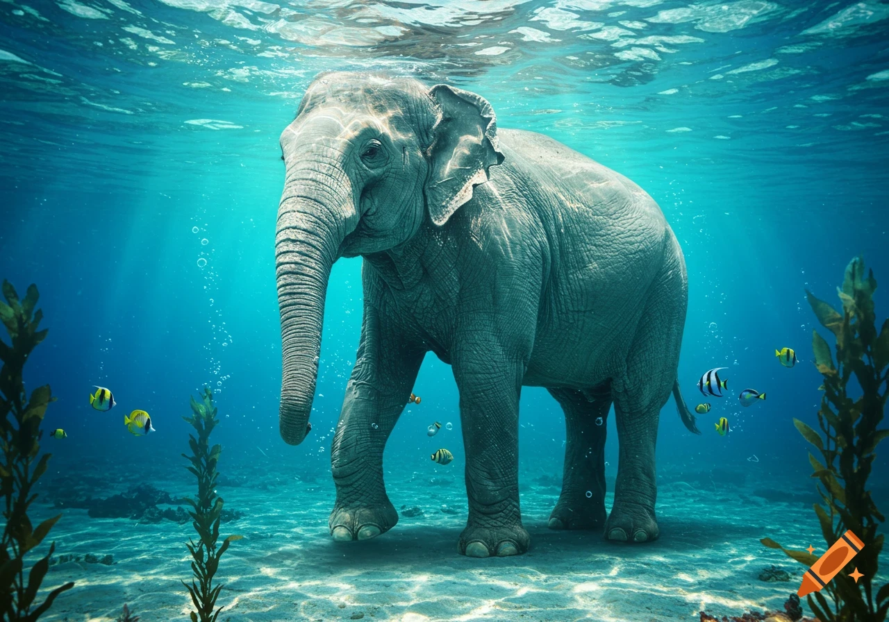 Photorealistic image of a large elephant swimming underwater in the ...
