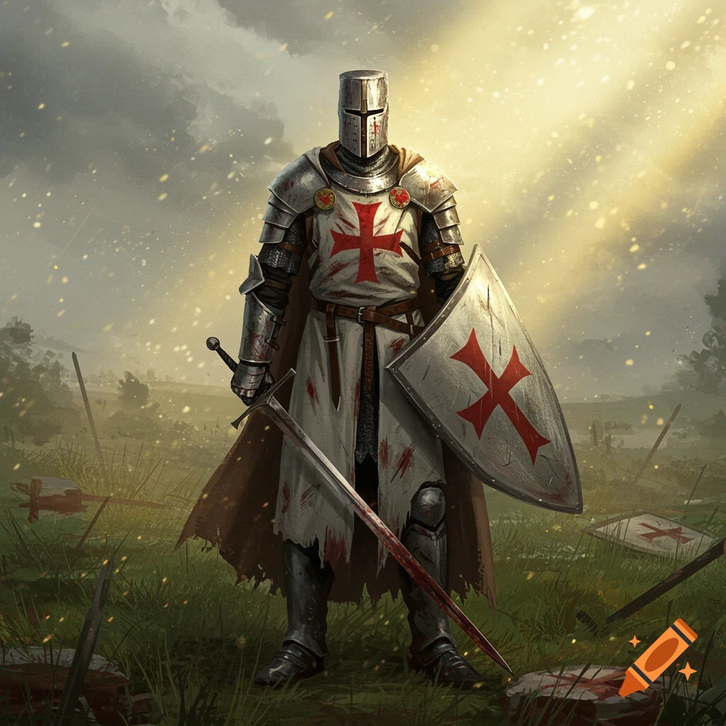 Battle-hardened Knight Templar in blood-stained armor, holding a bloody ...