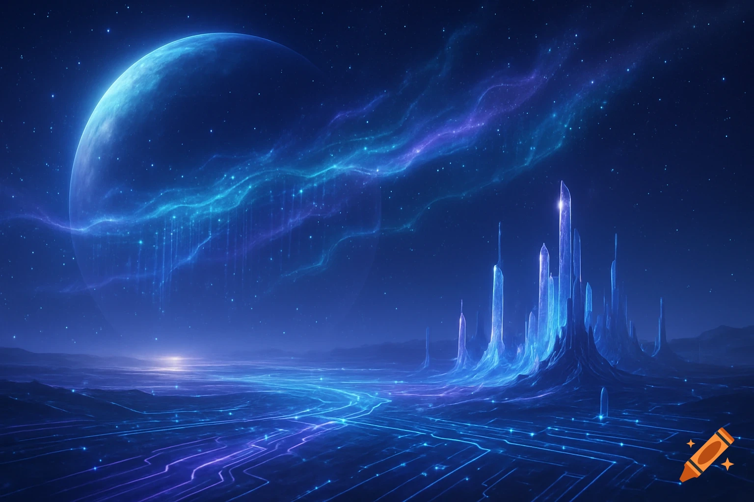 A forearm in a dark setting, adorned with bright white glowing moon and star patterns, like a ...