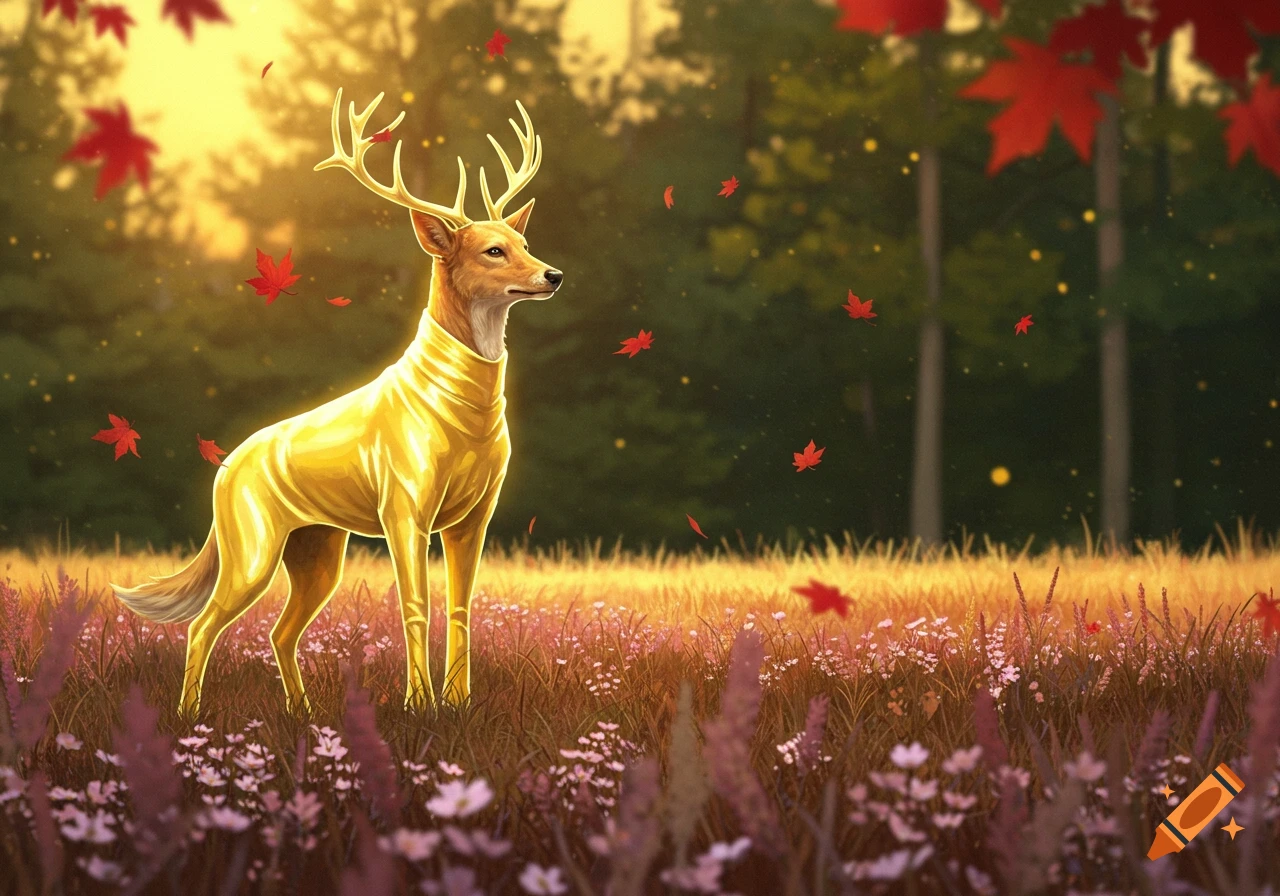 A golden deer-like creature stands in a sunlit field with purple ...