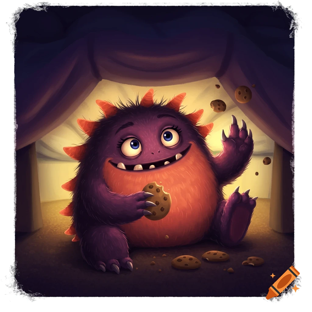 A cute, fuzzy purple monster with orange spikes sits under a blanket ...