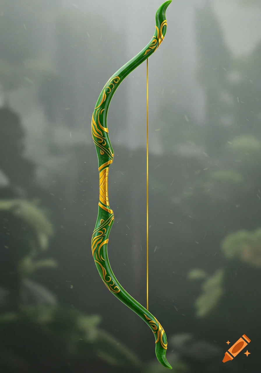 Ornate wooden bow with intricate carvings and two arrows with colorful ...