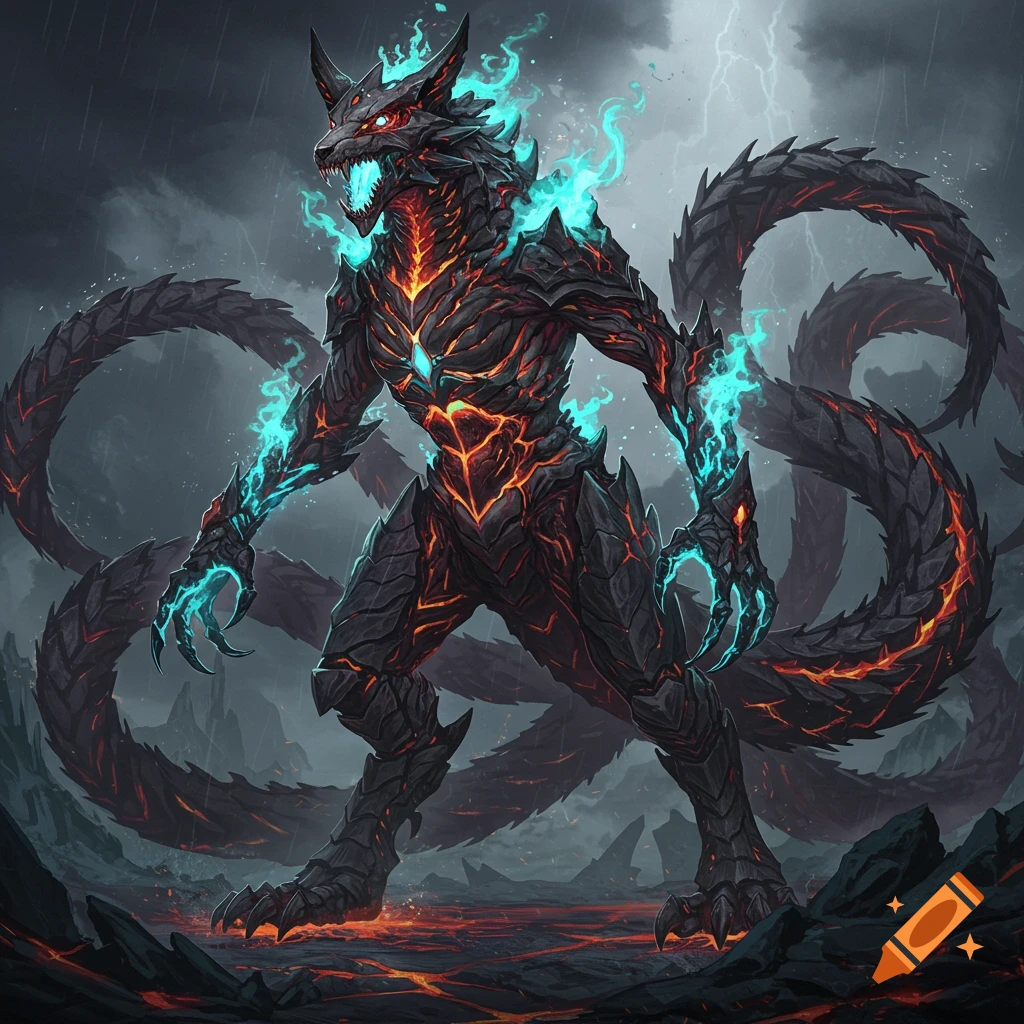 Massive horned demon stands over a small figure in a dark, fiery forest ...
