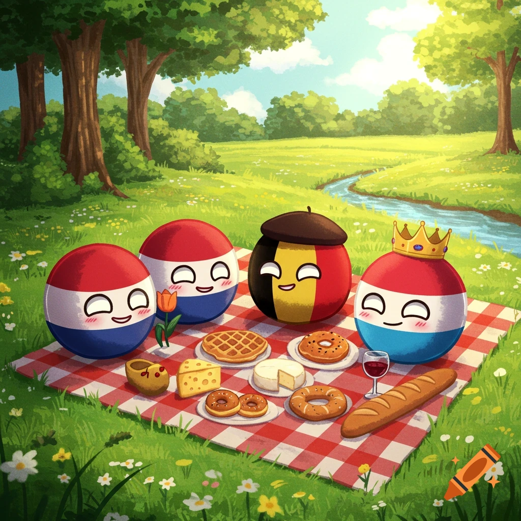 Four countryball characters, representing Netherlands, Belgium, and ...