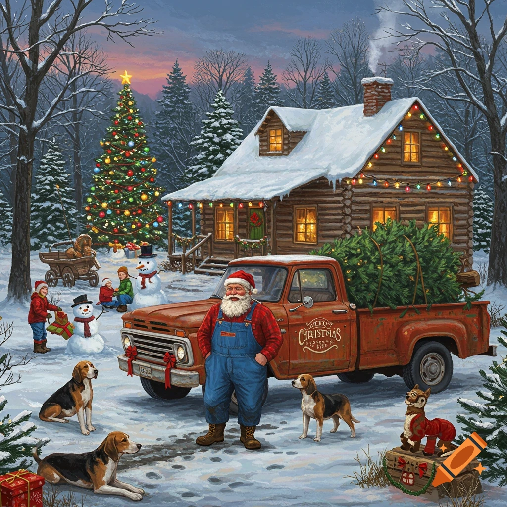A rustic Christmas scene featuring Santa Claus in overalls next to an ...