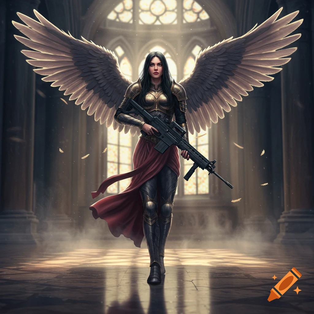 A photorealistic digital painting of a female warrior angel in armor ...