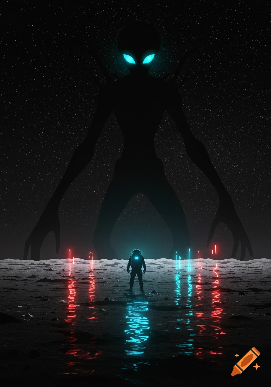 An astronaut stands on a dark, neon-lit moon surface, facing a colossal ...