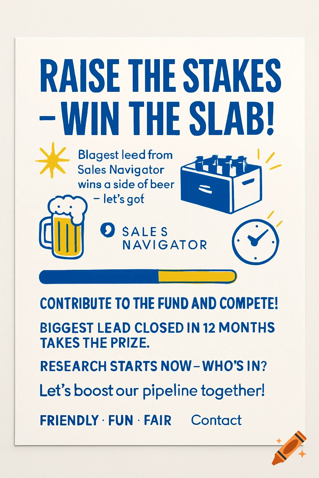 A blue and yellow flyer for a sales competition with text "RAISE THE ...