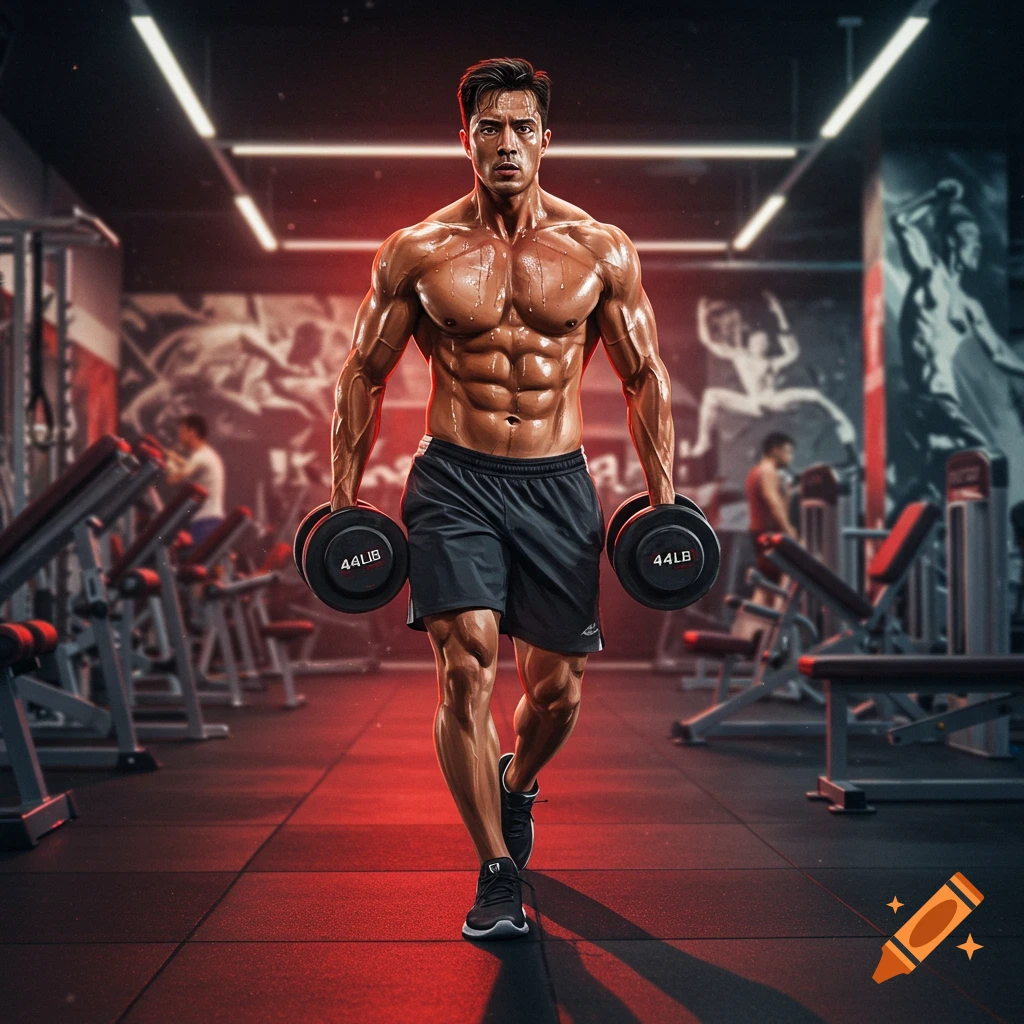 Muscular man walking forward in a gym, holding 44lb dumbbells in each ...