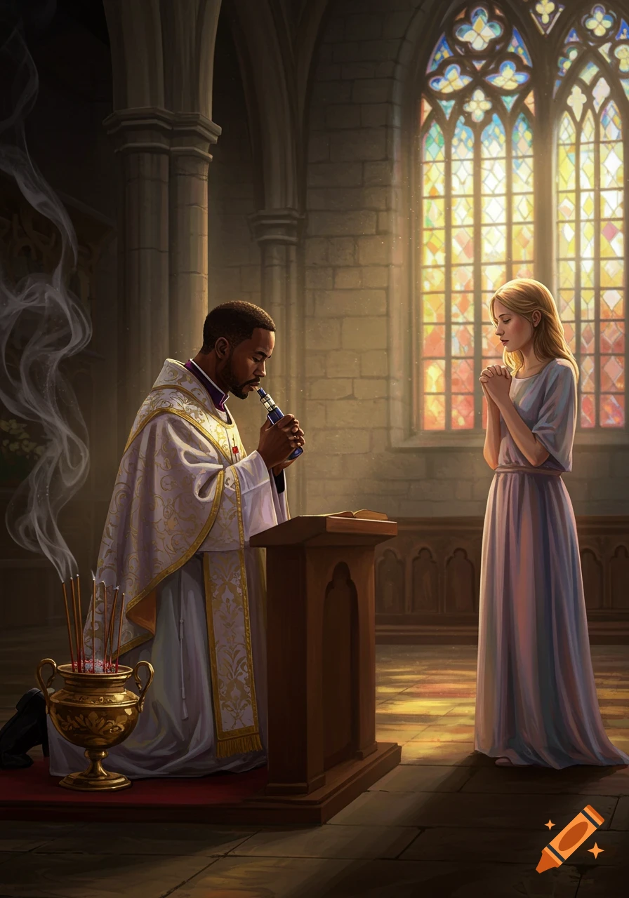 A black priest in vestments holds a vape while a woman prays in a ...