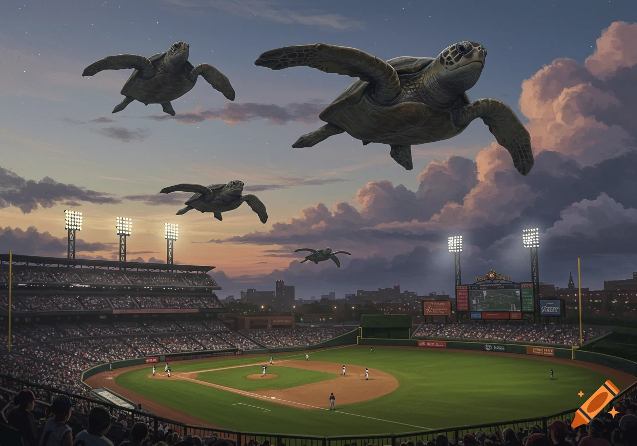 Four large sea turtles fly over a crowded baseball stadium under a ...