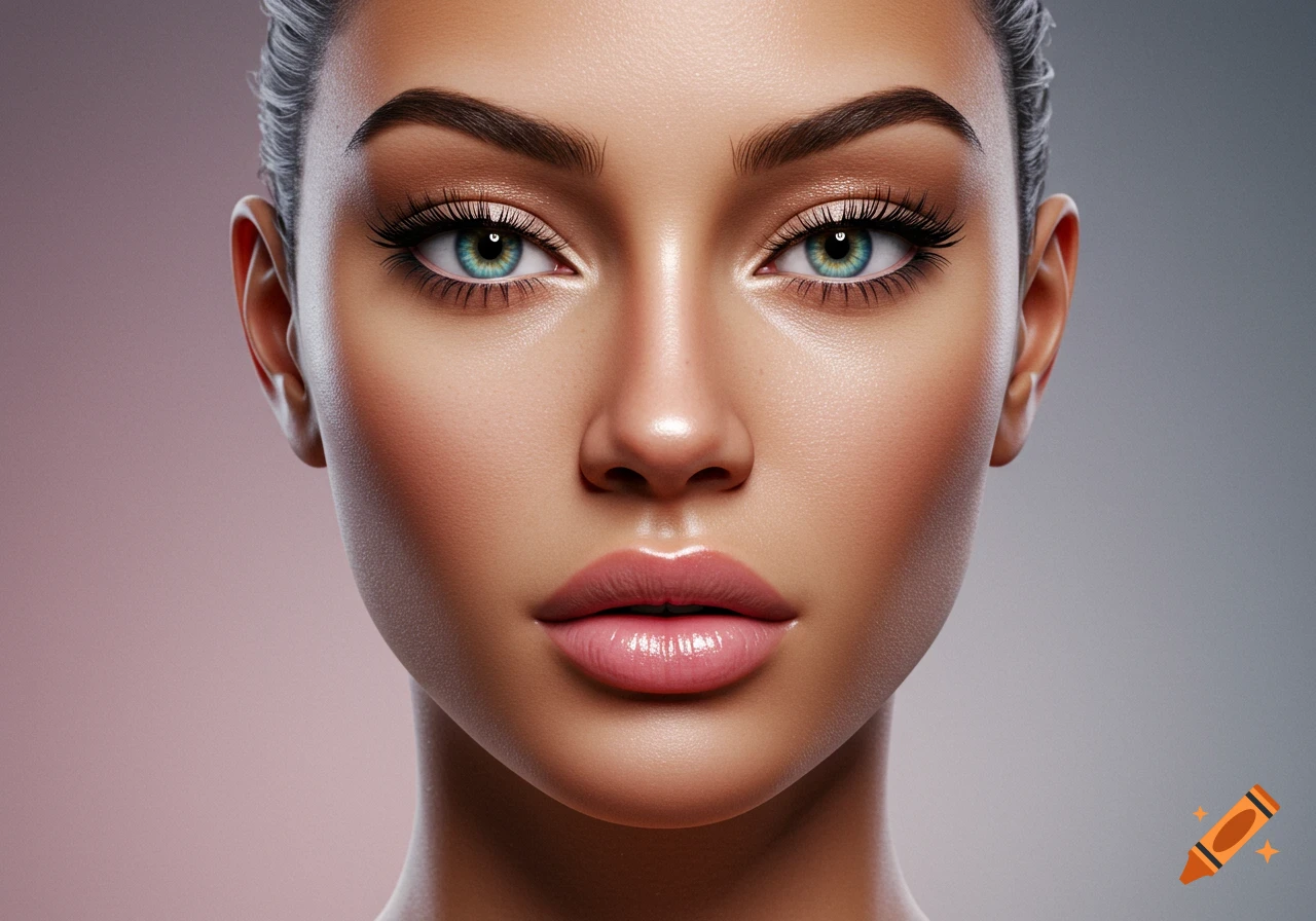 Close-up of bright blue eyes with long eyelashes and sparkling light effects against a soft ...