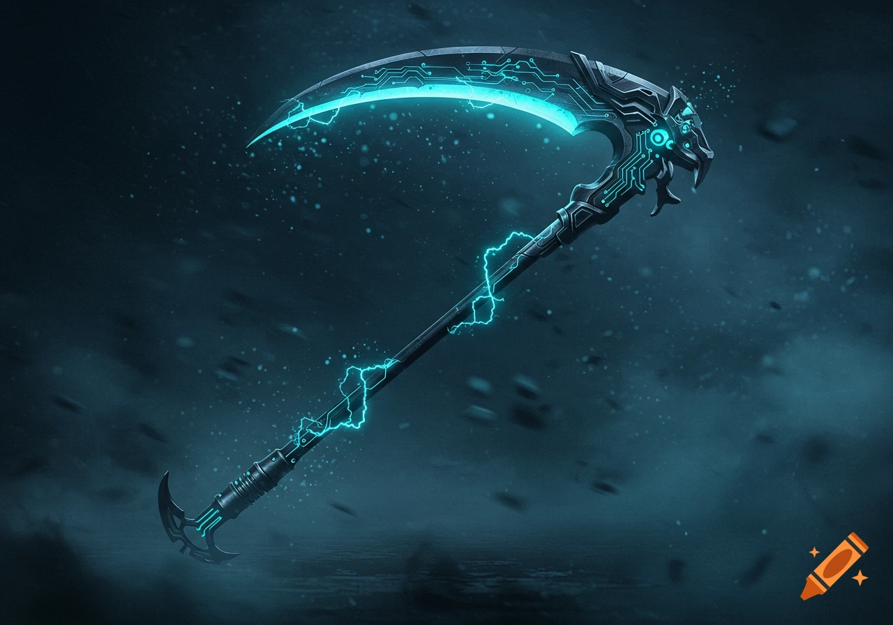 A futuristic glowing blue scythe with circuit board patterns and ...