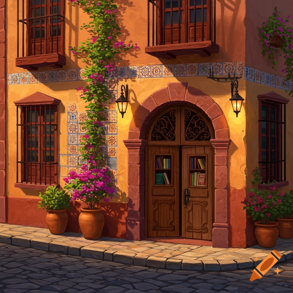 A vibrant Spanish colonial building with flowering vines and ornate ...